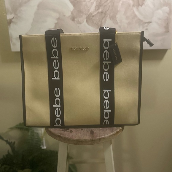 bebe | Bags | Bebe Cream Tote With Black Accents | Poshmark